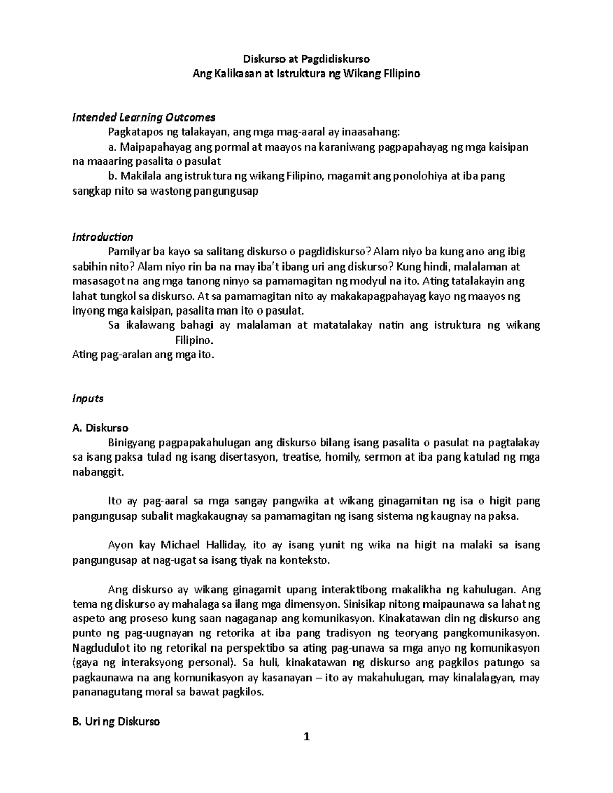 FIL 1 Worksheet (Ang Kalikasan at Istruktura ng Wikang FIlipino ...