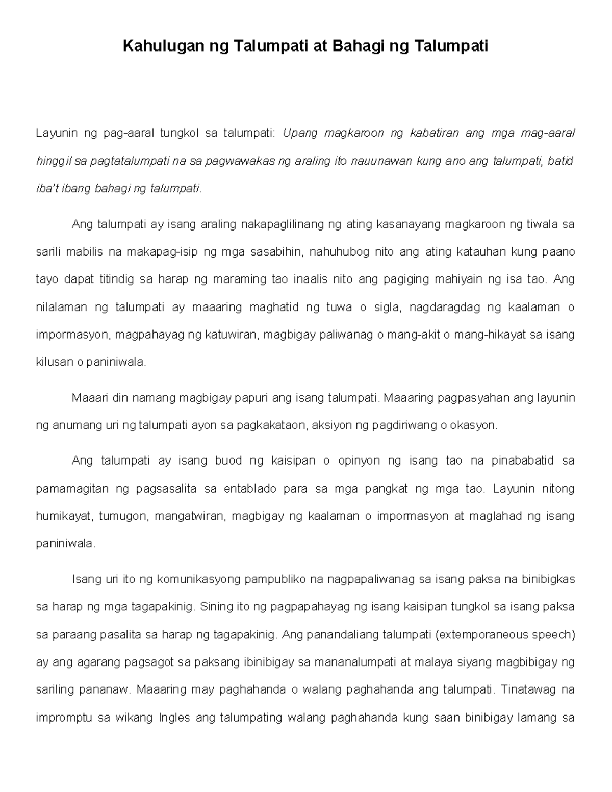 FIL 115 SANAYSAY AT TALUMPATI LESSON - Kahulugan ng Talumpati at Bahagi ...