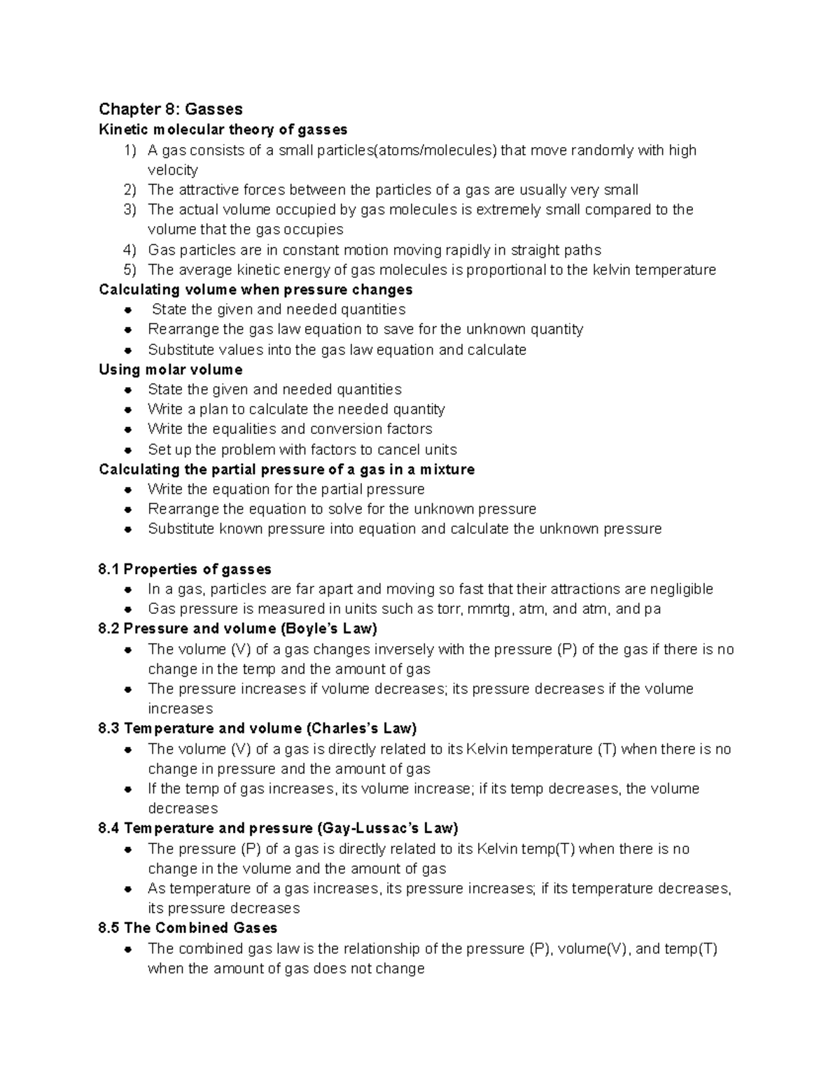 Chem 136 textbook ch8 gasses - Chapter 8: Gasses Kinetic molecular ...