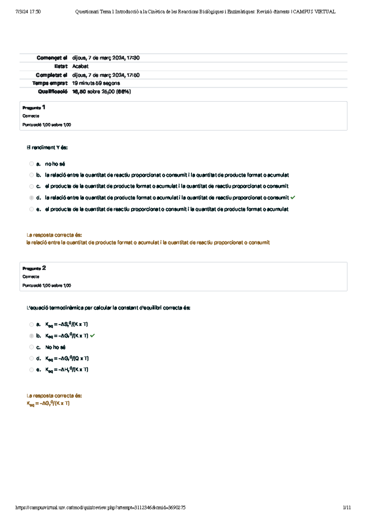Questionari Tema 1 Introducció a la Cinètica de les Reaccions Biològiques i Enzimàtiques - Studocu