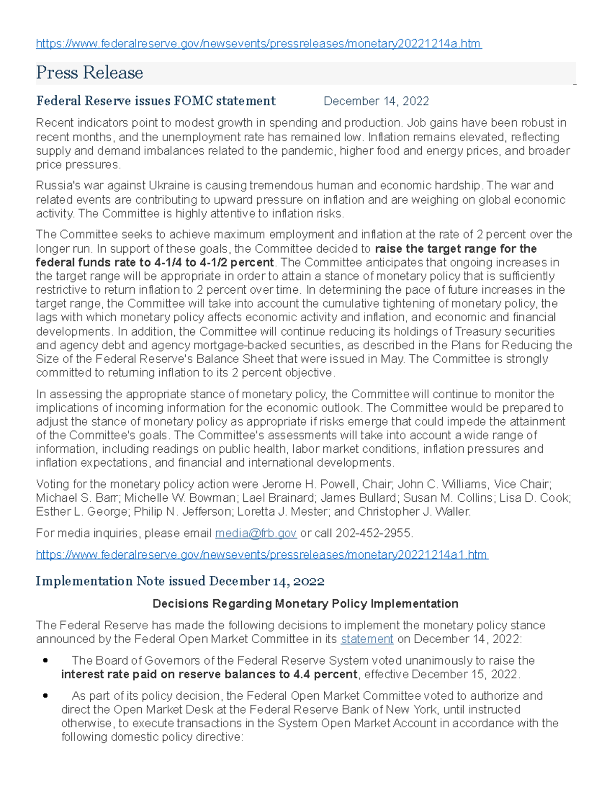 Fomc 12-22 - eco 9713 - federalreserve/newsevents/pressreleases/monetary20221214a.htm Press ...