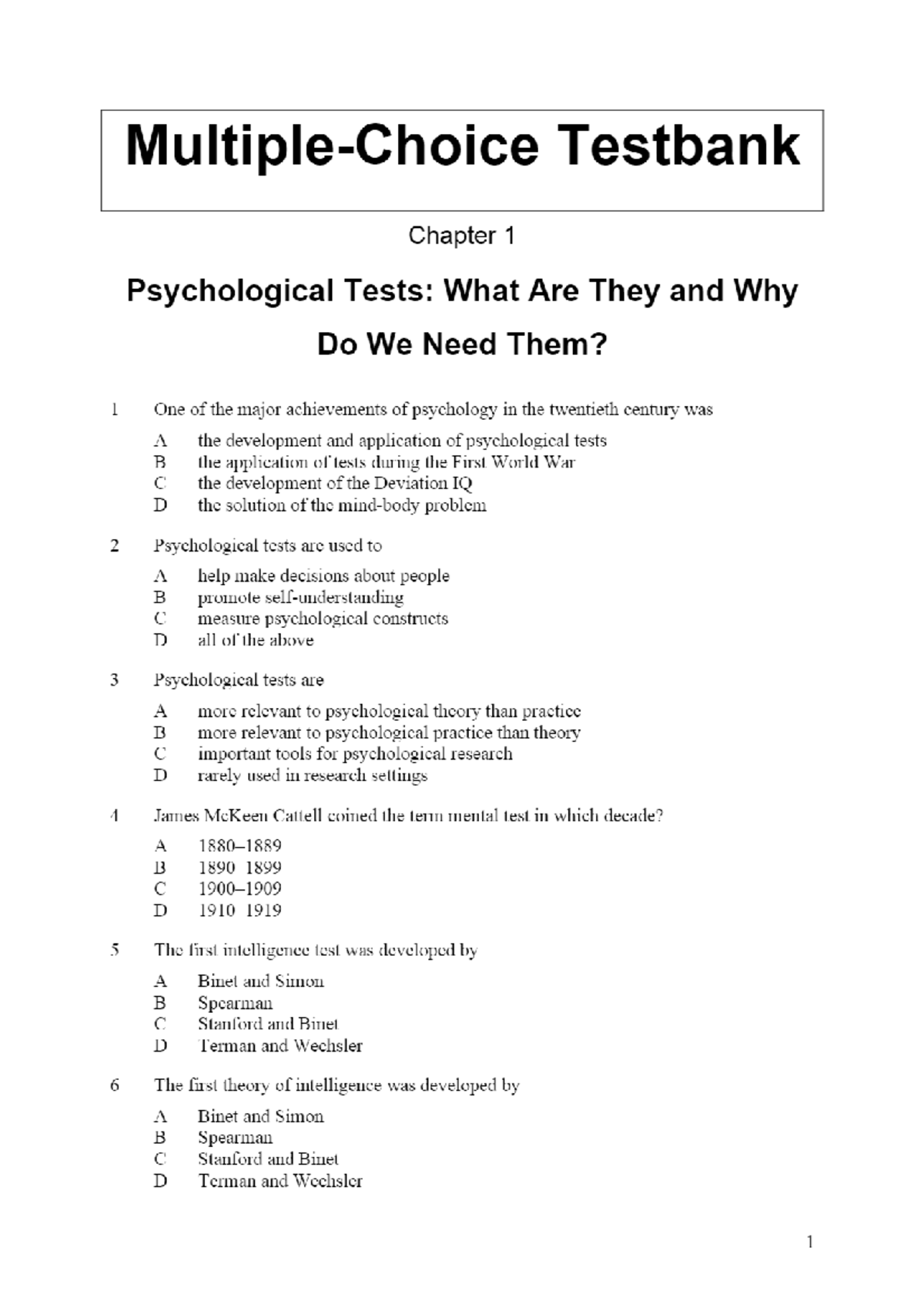 Psych Assessment Multiple-Choice Testbank - Psychological Assessment ...