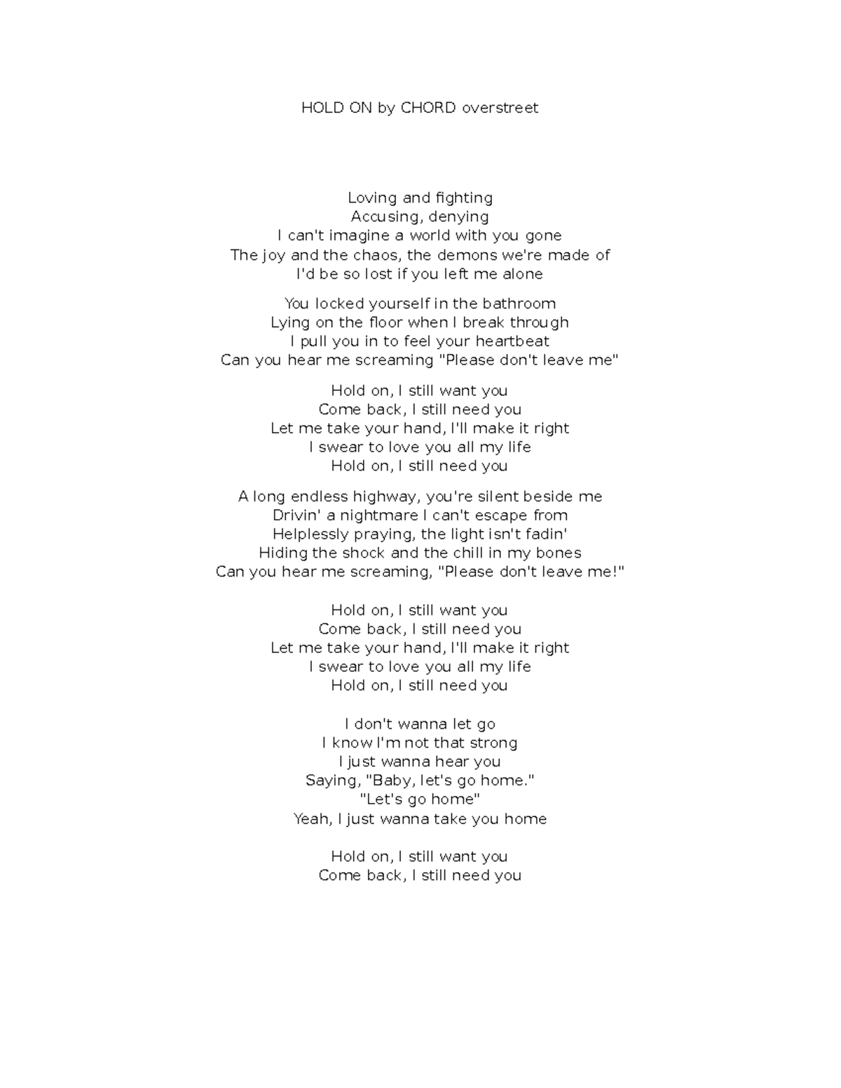 Hold On Lyrics If You Want It HOLD ON By CHORD Overstreet Loving