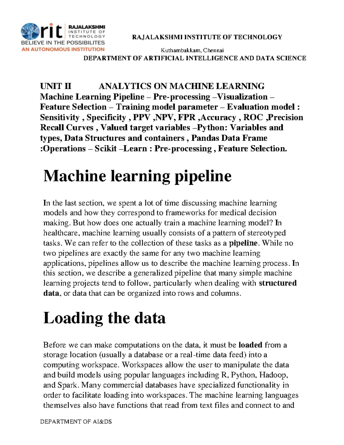 Unit 2-HCA - Notes - Kuthambakkam, Chennai DEPARTMENT OF ARTIFICIAL ...