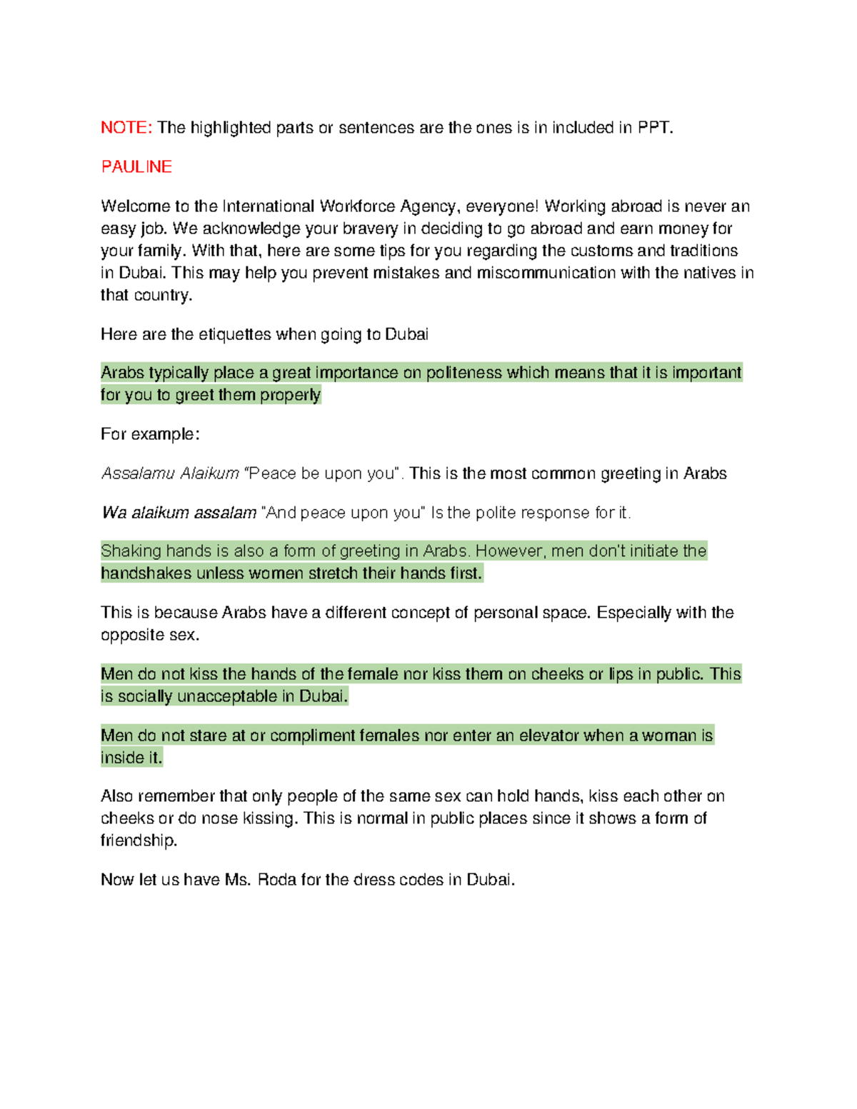 PCM Script - Group 10 - NOTE: The highlighted parts or sentences are ...