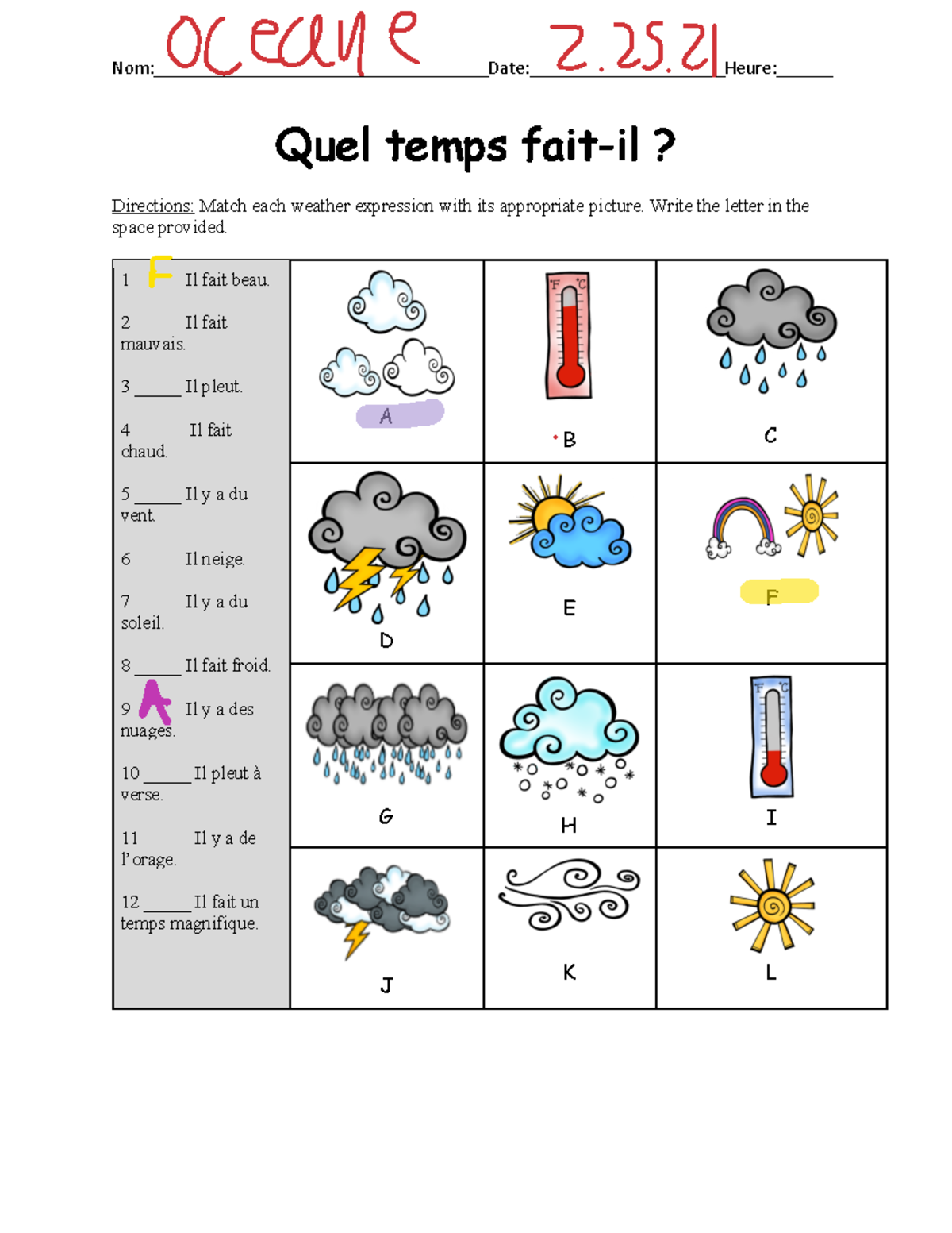 Le Temps activities-1 - french class - Quel temps fait-il ...