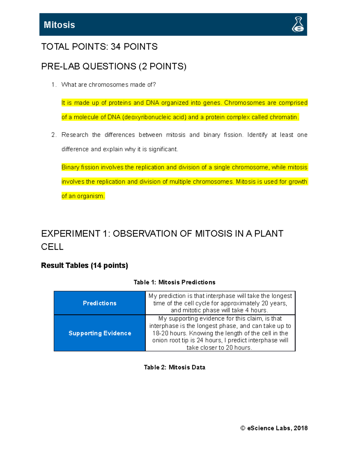 Mitosis Workbook assignment - TOTAL POINTS: 34 POINTS PRE-LAB QUESTIONS ...