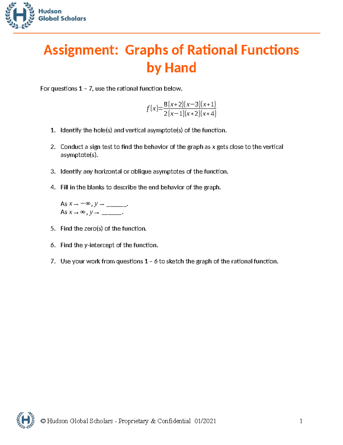 Assignment - Graphs of Rational Functions by Hand - Assignment: Graphs of Rational Functions by ...