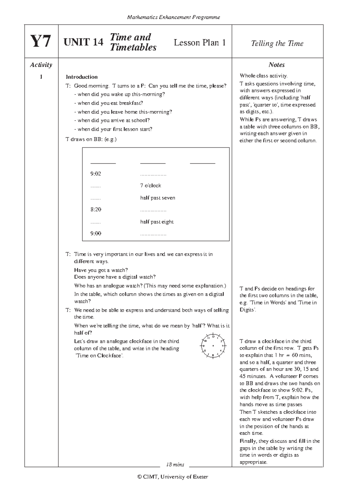Unit 14 time and timetables lesson plan and notes - Mathematics ...