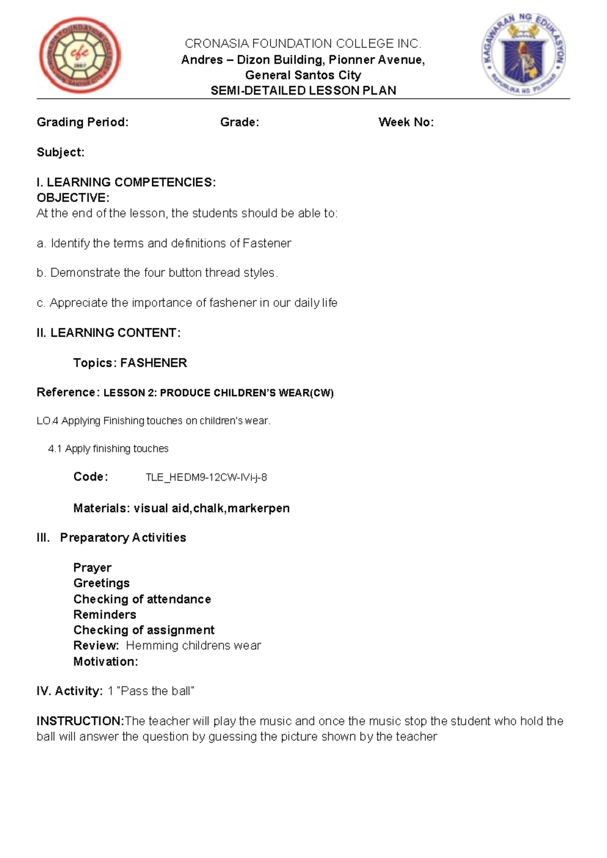 Semi-Detailed-Lesson-Plan - CRONASIA FOUNDATION COLLEGE INC. Andres ...