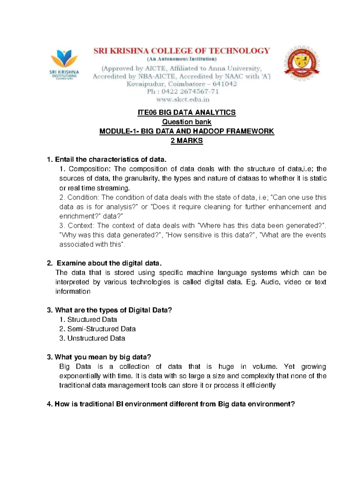 ITE06 BIG DATA Analytics-q BANK - ITE06 BIG DATA ANALYTICS Question bank MODULE- 1 - BIG DATA ...