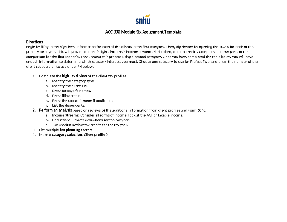 ACC 330 Module Six Assignment - Then, dig deeper by opening the 1040s ...