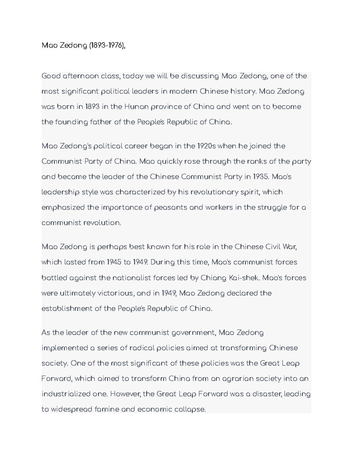 Mao Zedong (1893-1976), - Mao Zedong was born in 1893 in the Hunan ...