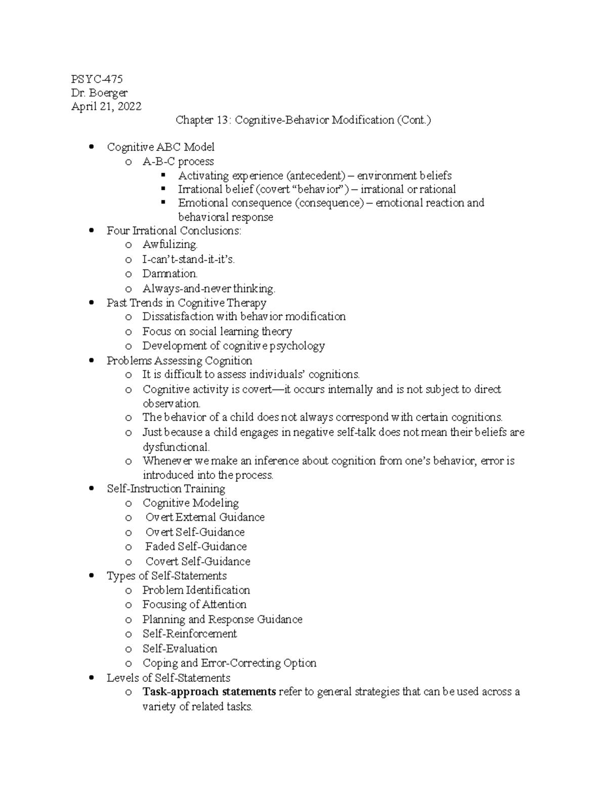 PSYC-475 Chapter 13: Cognitive-Behavior Modification - PSYC- Dr ...
