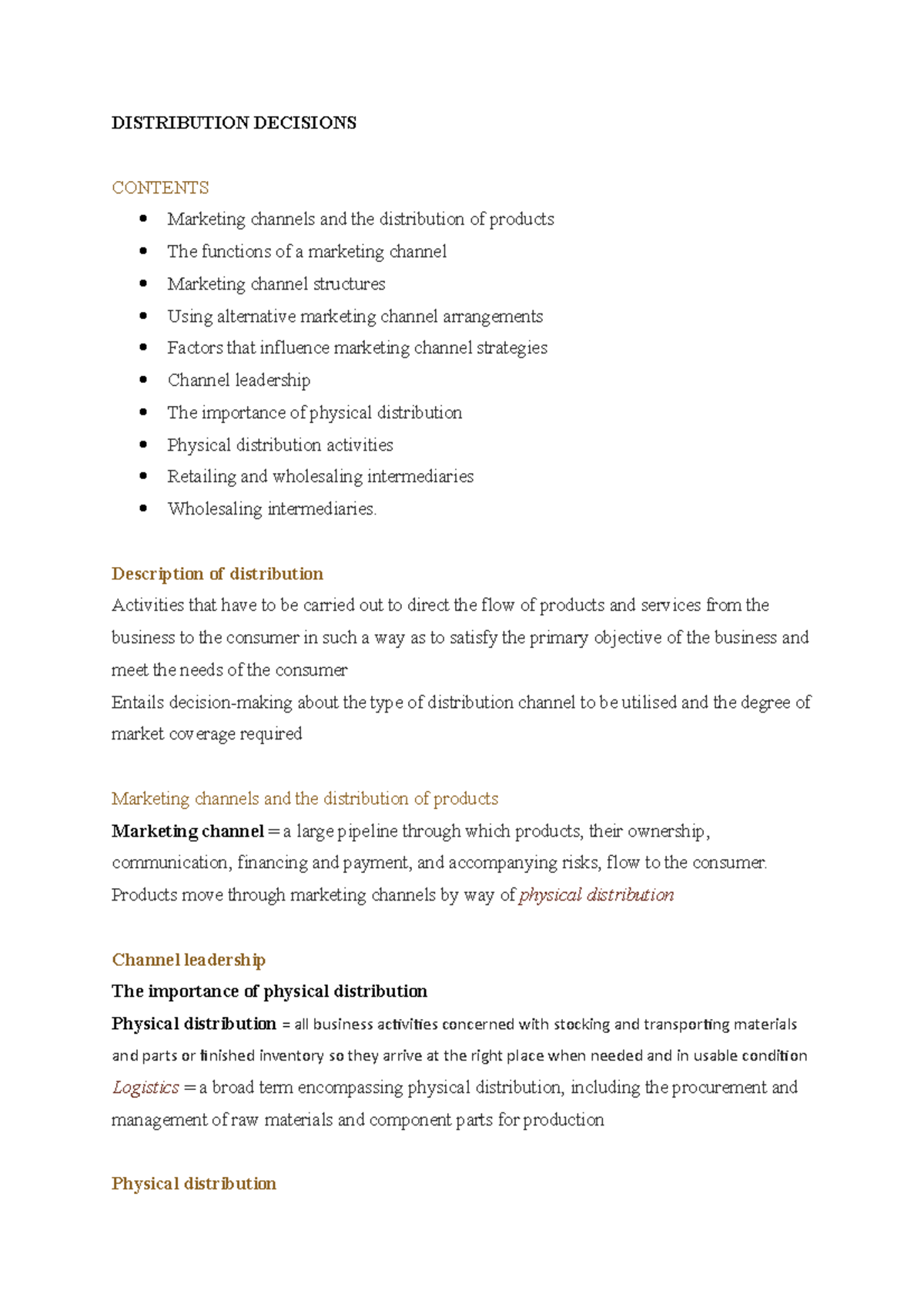 Distribution Decisions - DISTRIBUTION DECISIONS CONTENTS Marketing ...