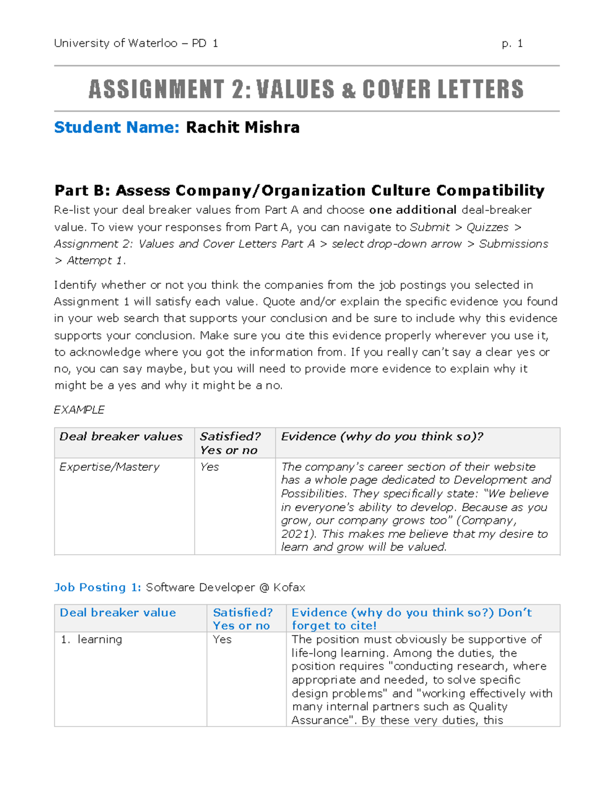 Assign 2-values-and-cover-letter,pd1 - ASSIGNMENT 2: VALUES & COVER LETTERS Student Name: Rachit ...