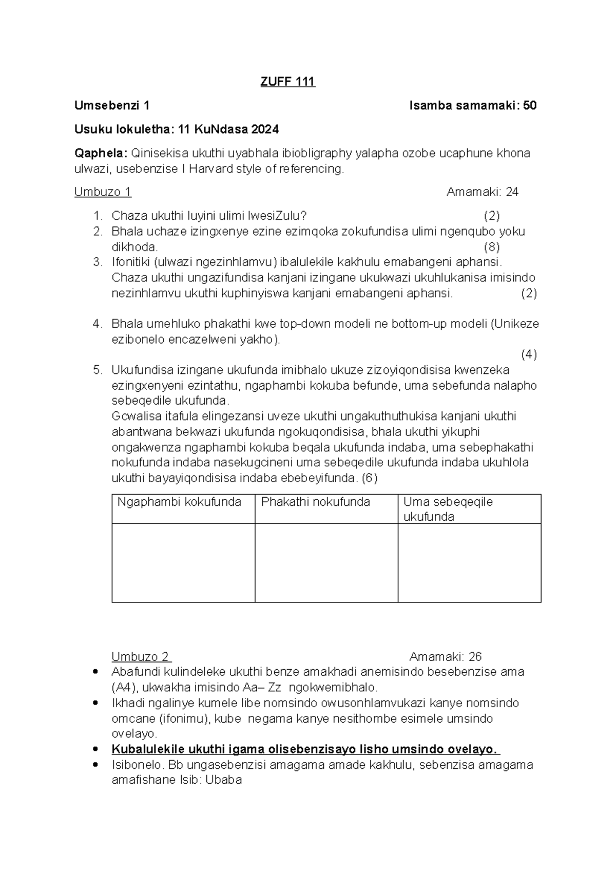 ZUFF 111 Assignment 1 edited-1 - ZUFF 111 Umsebenzi 1 Isamba samamaki: 50 Usuku lokuletha: 11 ...