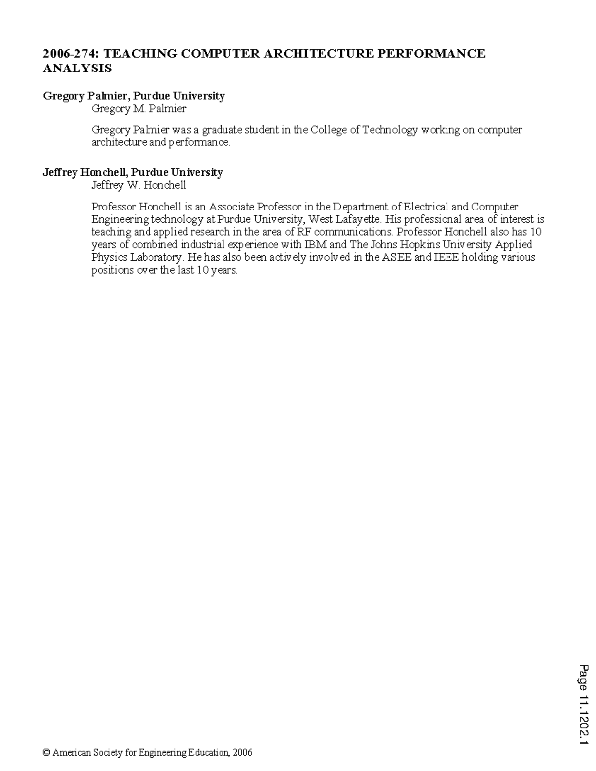 Teaching Computer Architecture Performance Analysis 2006 274 Teaching Computer Architecture
