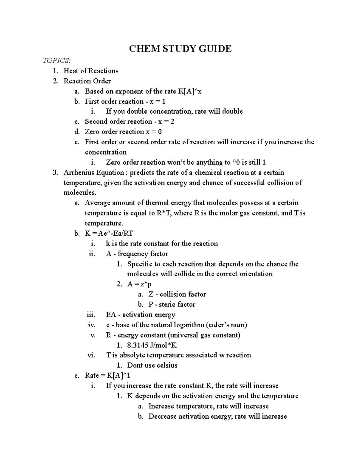 Chem study guide - CHEM STUDY GUIDE TOPICS: Heat of Reactions Reaction ...