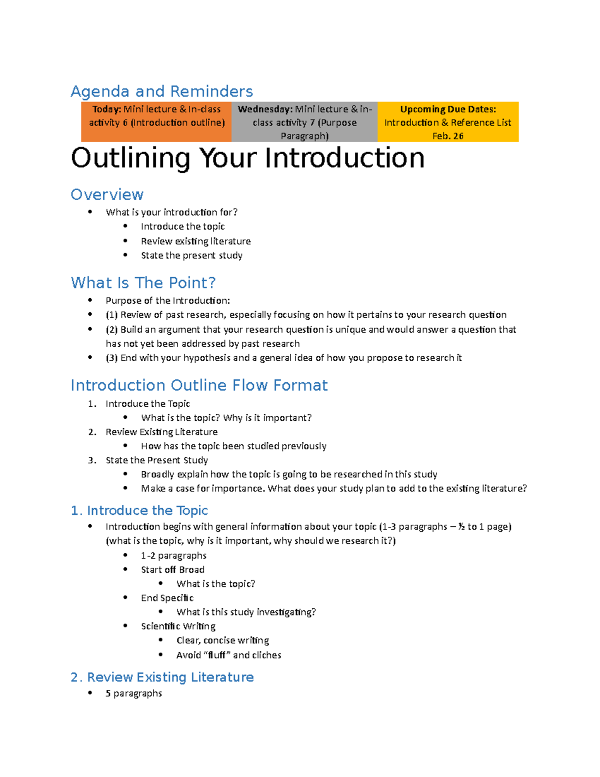 Introduction Outline - Agenda and Reminders Today: Mini lecture & In ...