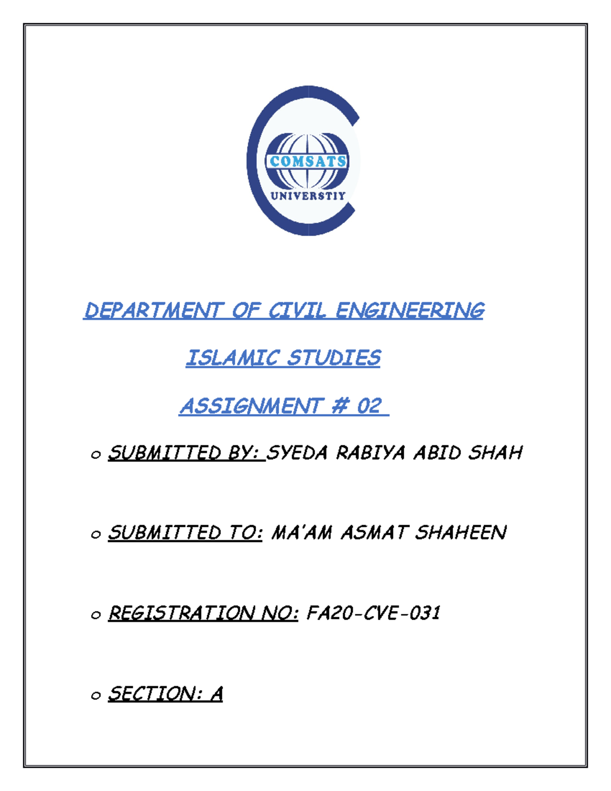 Islamic studies 2 - mam shafeela jamil - DEPARTMENT OF CIVIL ENGINEERING ISLAMIC STUDIES ...