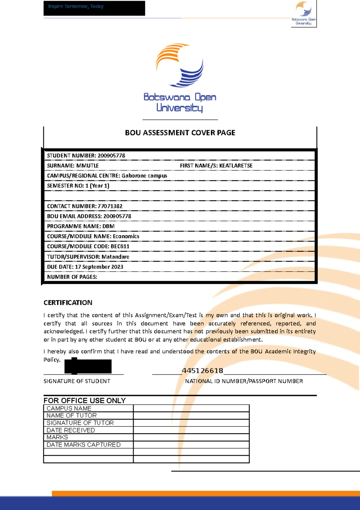 BEC611- Economics Assignment 1 - BOU ASSESSMENT COVER PAGE STUDENT ...