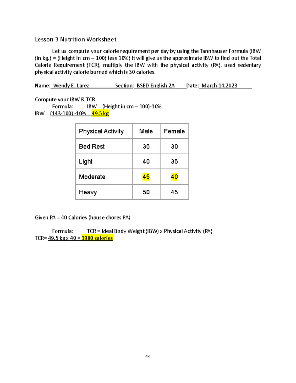 Wendy Larez - Lesson 3 Nutrition Worksheet - Lesson 3 Nutrition ...