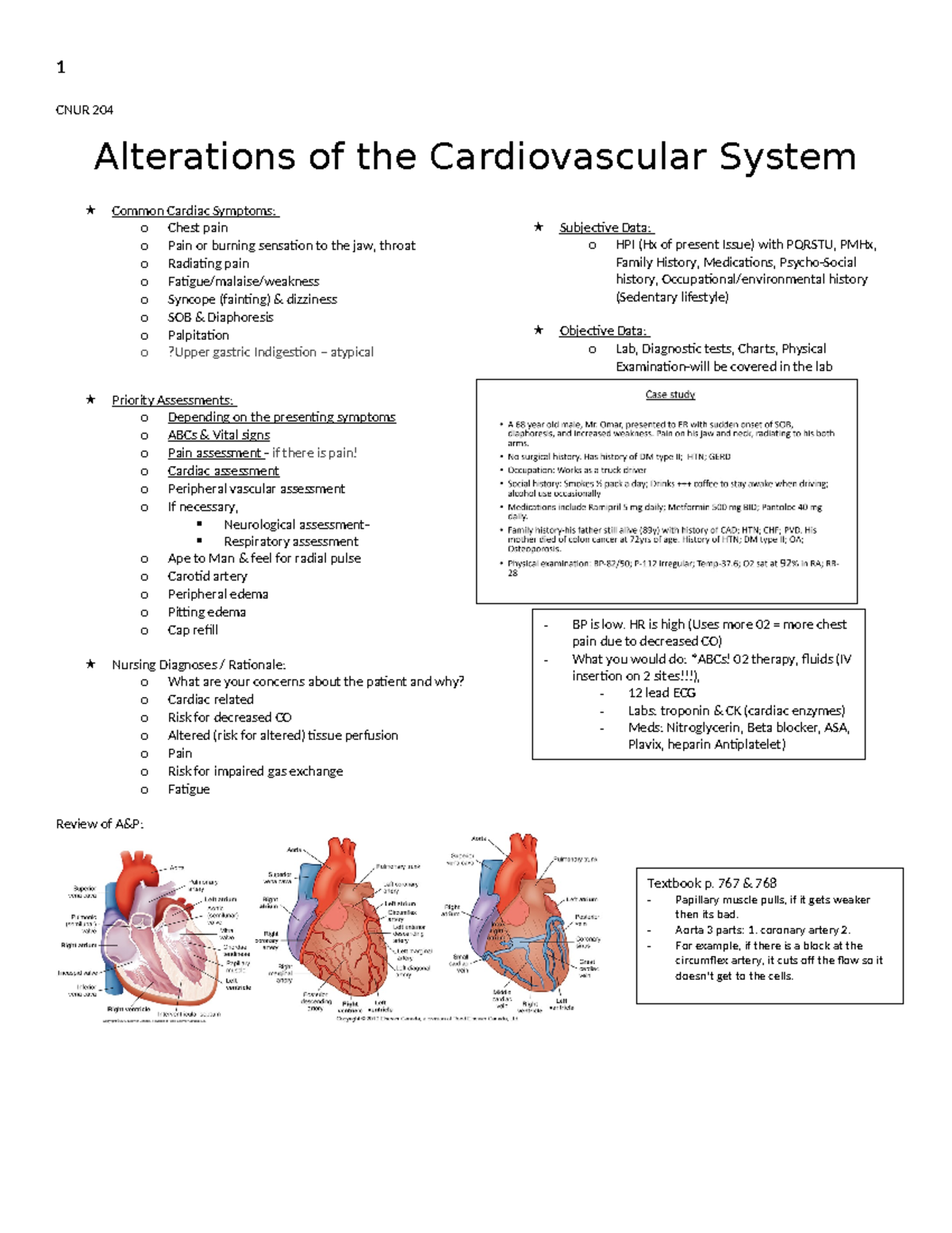 Cardiovascular (204 Notes) - CNUR 204 Alterations of the Cardiovascular ...