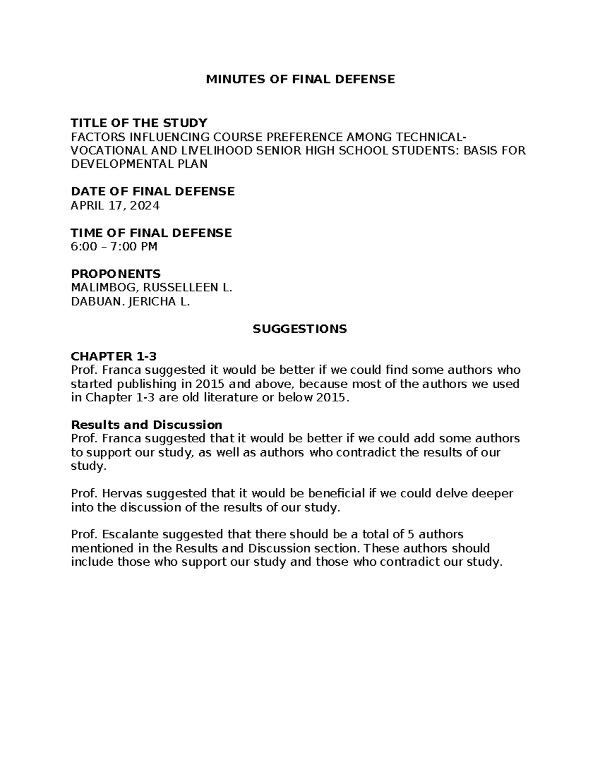 Minutes OF Final Defense ( Malimbog& Dabuan) - MINUTES OF FINAL DEFENSE ...