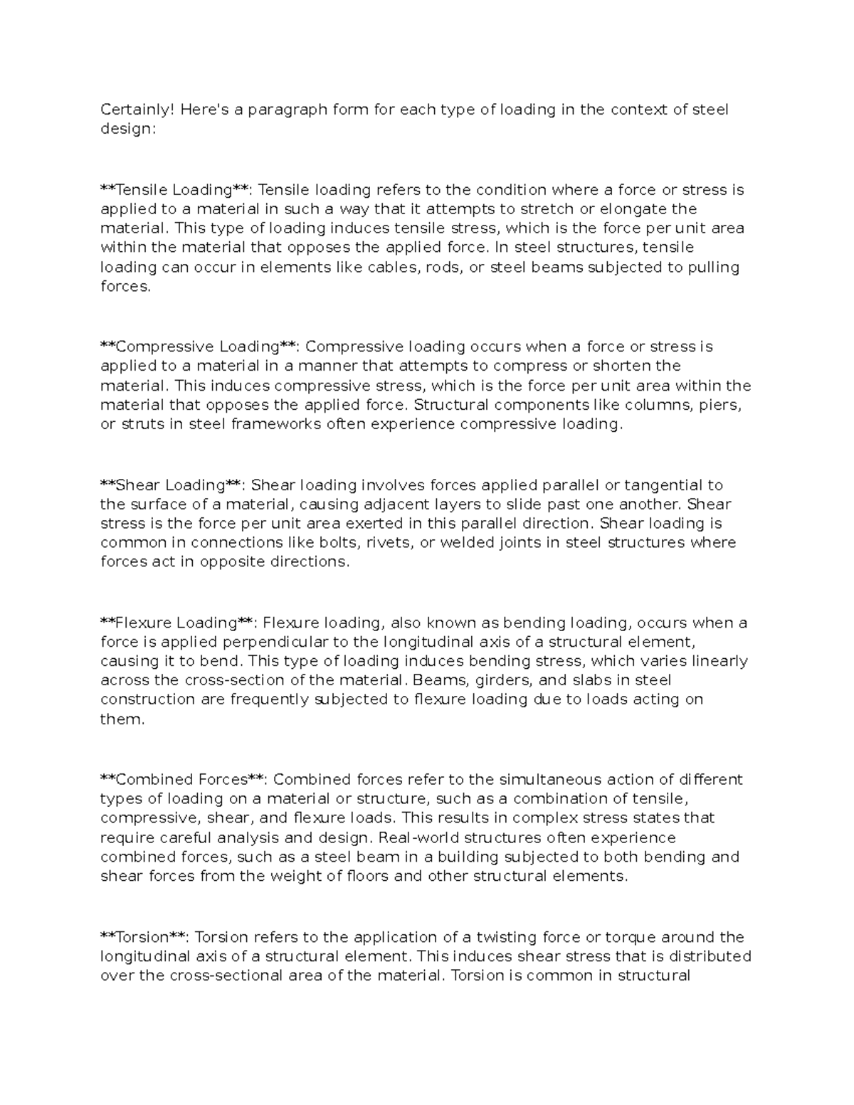 Different kinds of loading - Certainly! Here's a paragraph form for ...