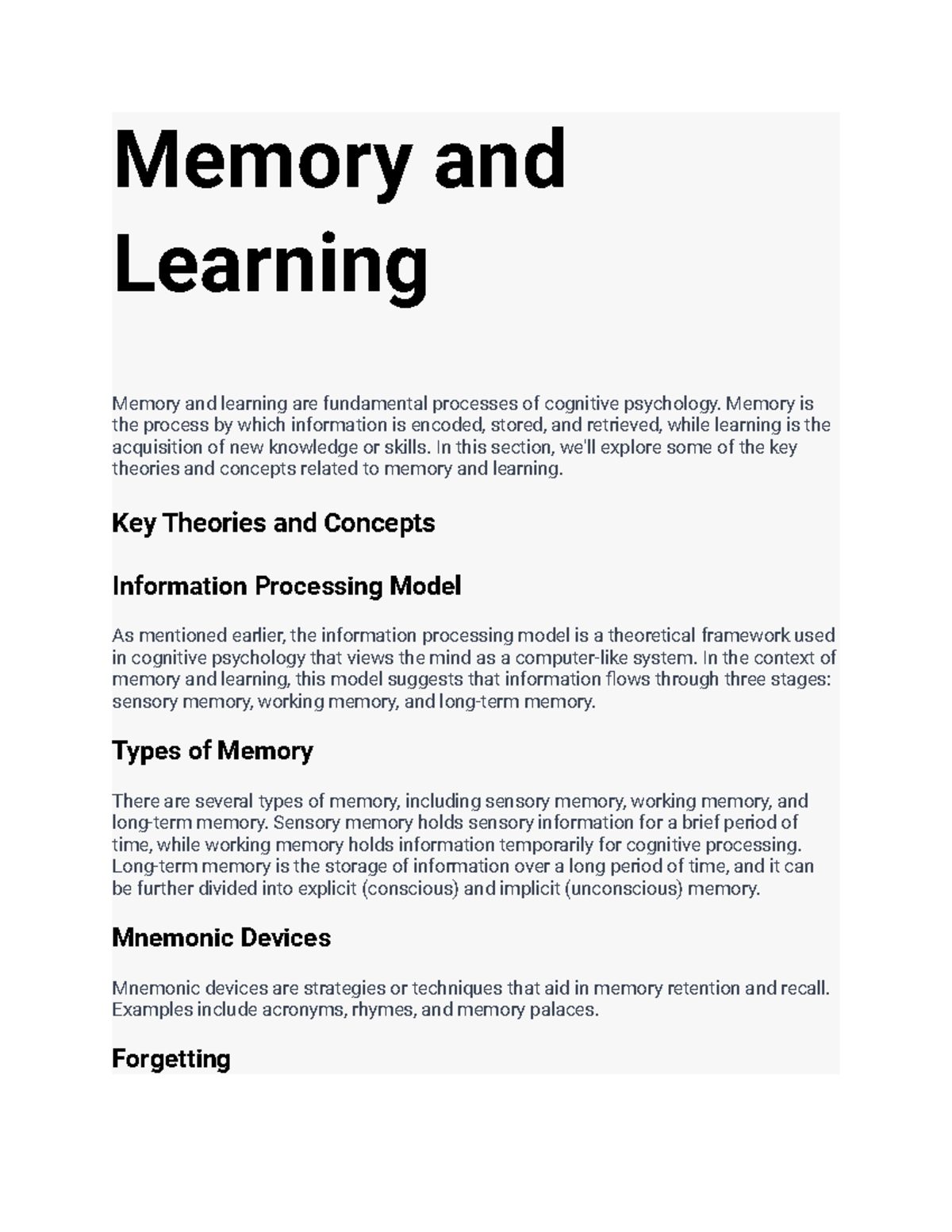 Cognitive Psychology 3-4 - Memory and Learning Memory and learning are ...