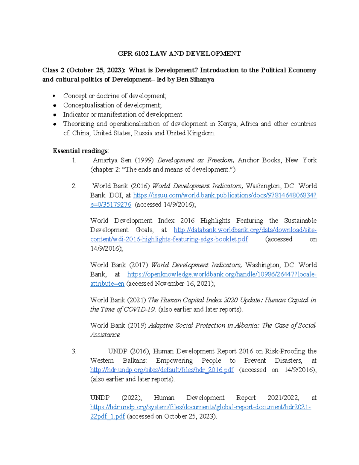 Class 2 LAW AND Development - GPR 6102 LAW AND DEVELOPMENT Class 2 ...