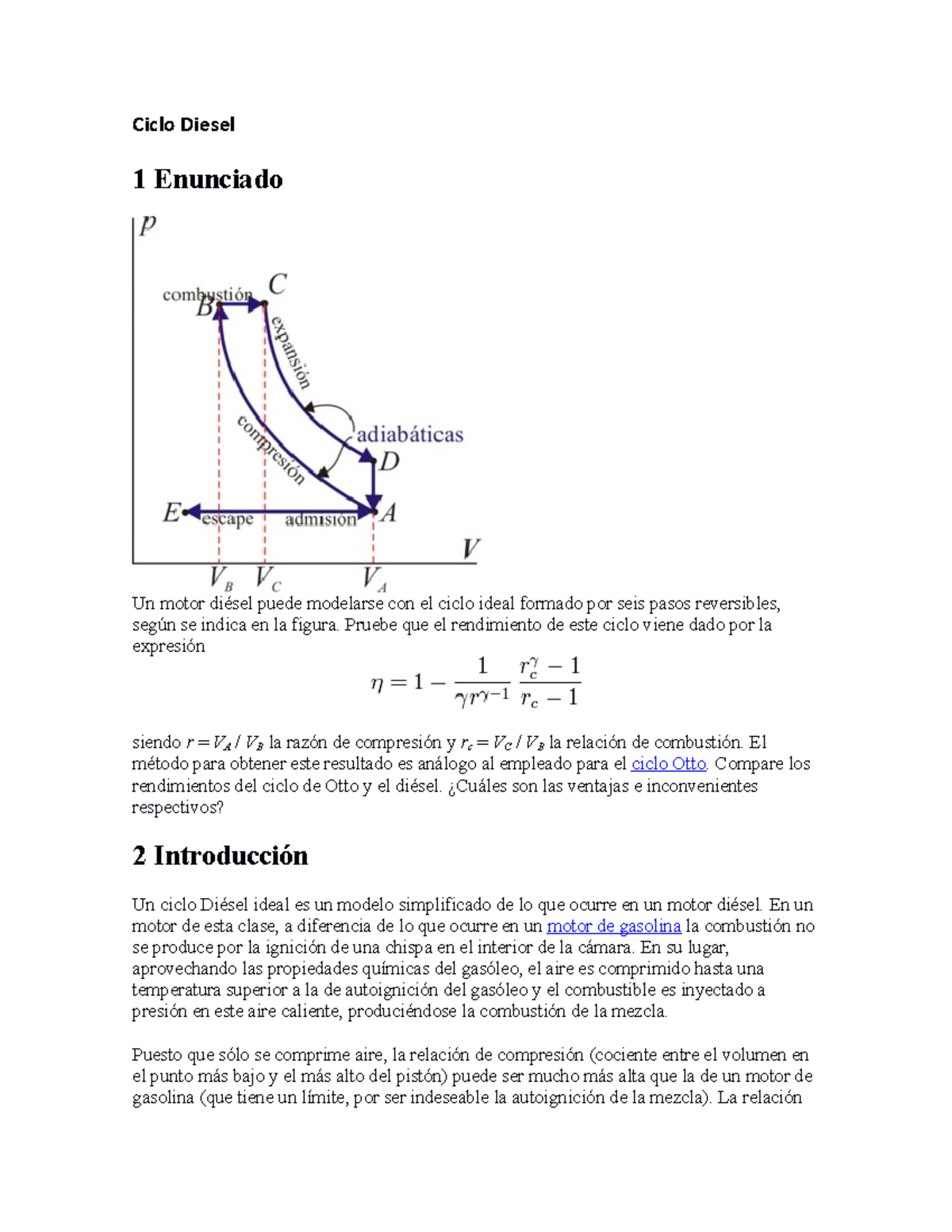 Ciclo-diesel - EJERCICIOS - Ciclo Diesel 1 Enunciado Un motor diésel ...