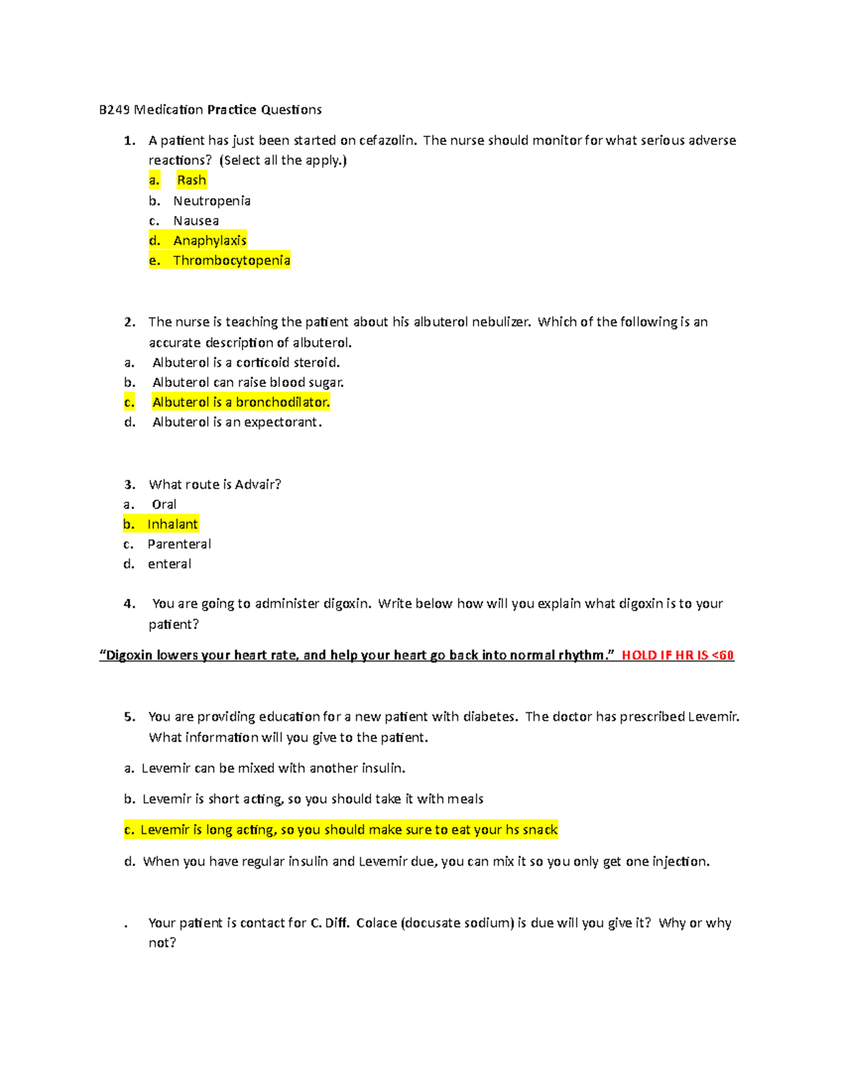 B249 Medication Questions SP23 - B249 Medication Practice Questions A ...