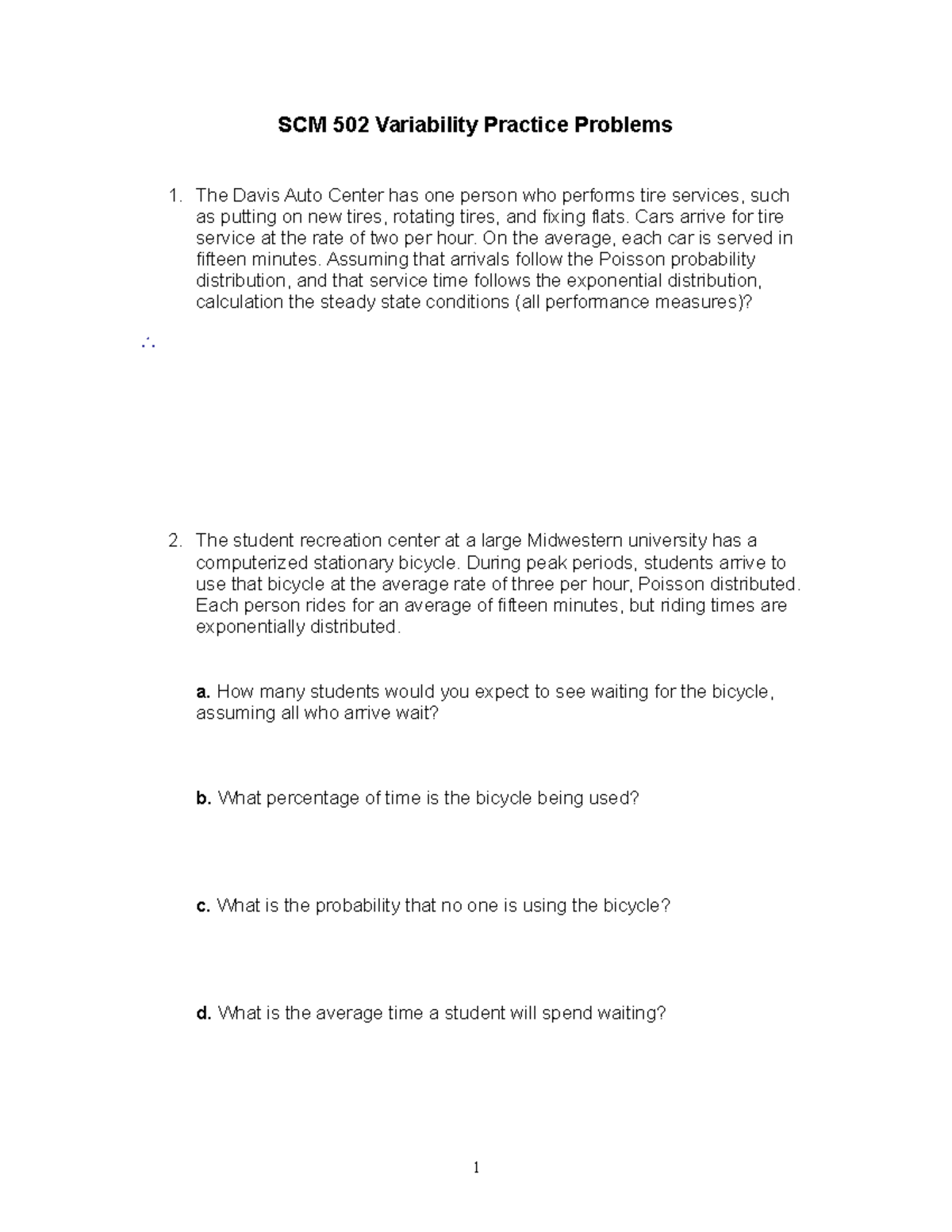 2001 21 Variability Practice Problems - SCM 502 Variability Practice ...