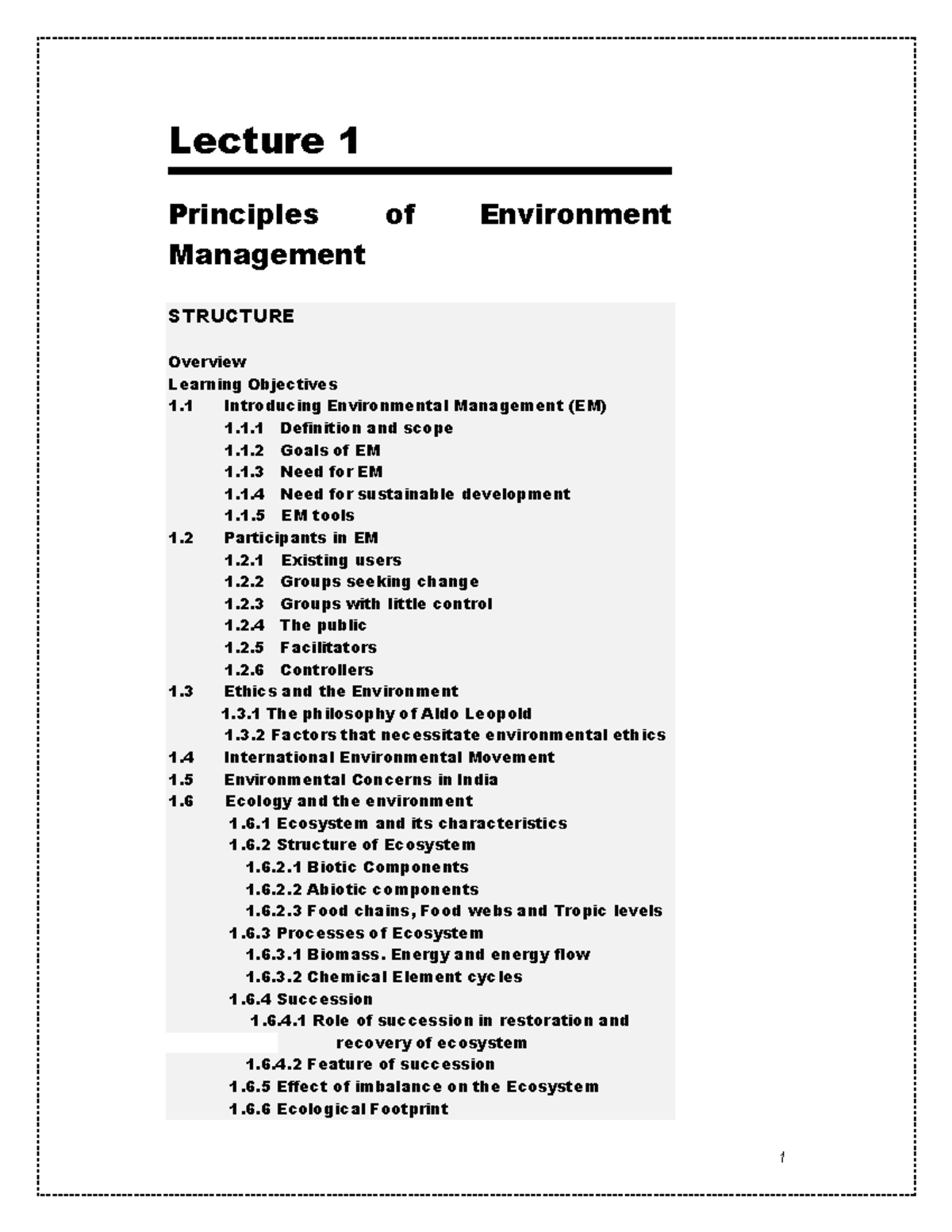 Environmental Management Nptel-Notes - Lecture 1 Principles of ...