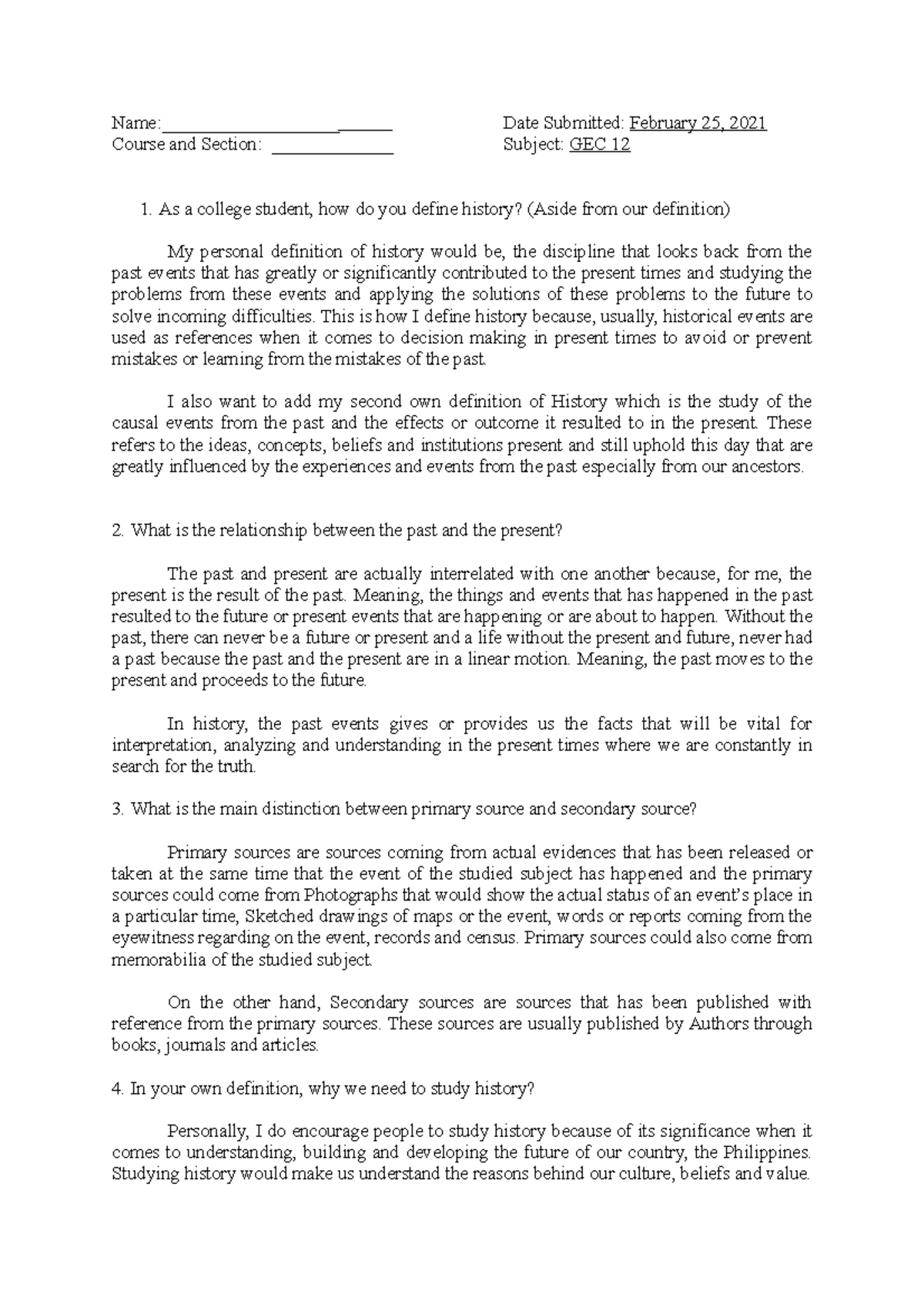 History Introduction Questions and Answers - Name ...