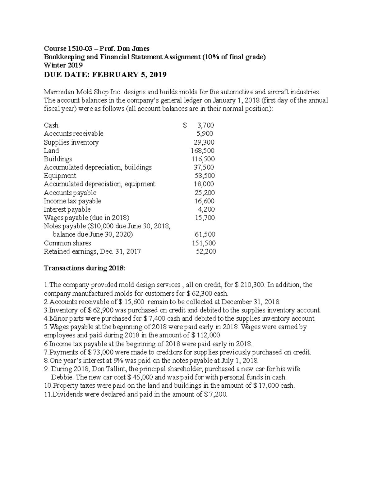 Bookkeeping and Financial Statement Assignment - Course 1510-03 – Prof ...