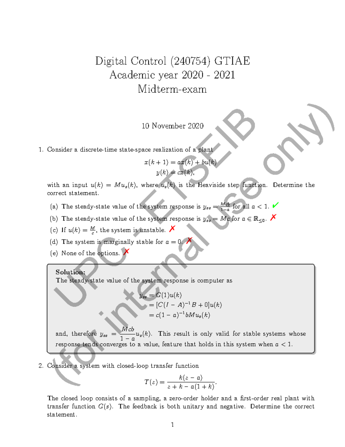 Mid-term exam sol 20-21 - Digital Control (240754) GTIAE Academic year 2020 - 2021 Midterm-exam ...