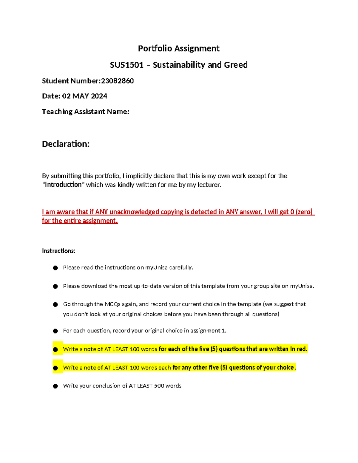 Sus1501 portfolio - Portfolio Assignment SUS1501 – Sustainability and ...