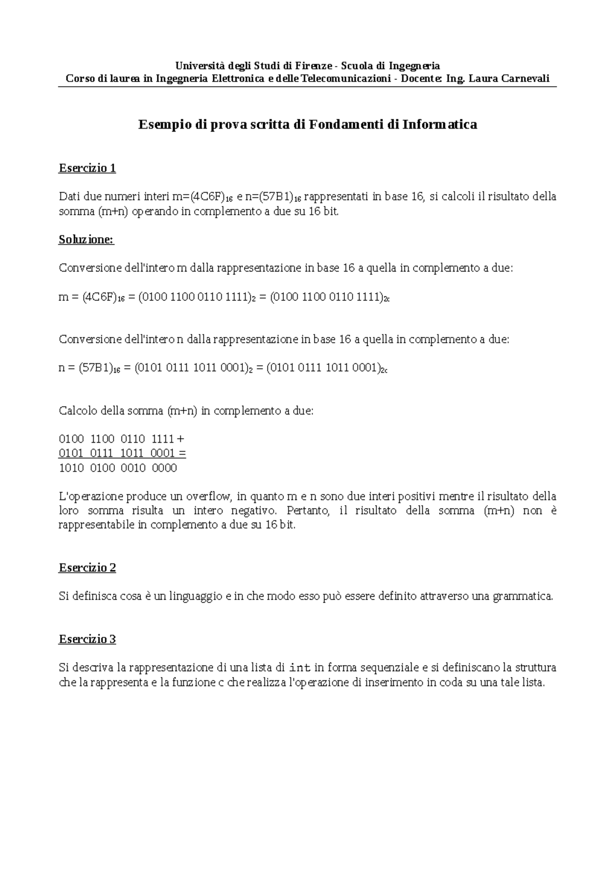 Esempi-prova-scritta - Università degli Studi di Firenze - Scuola di Ingegneria Corso di laurea ...