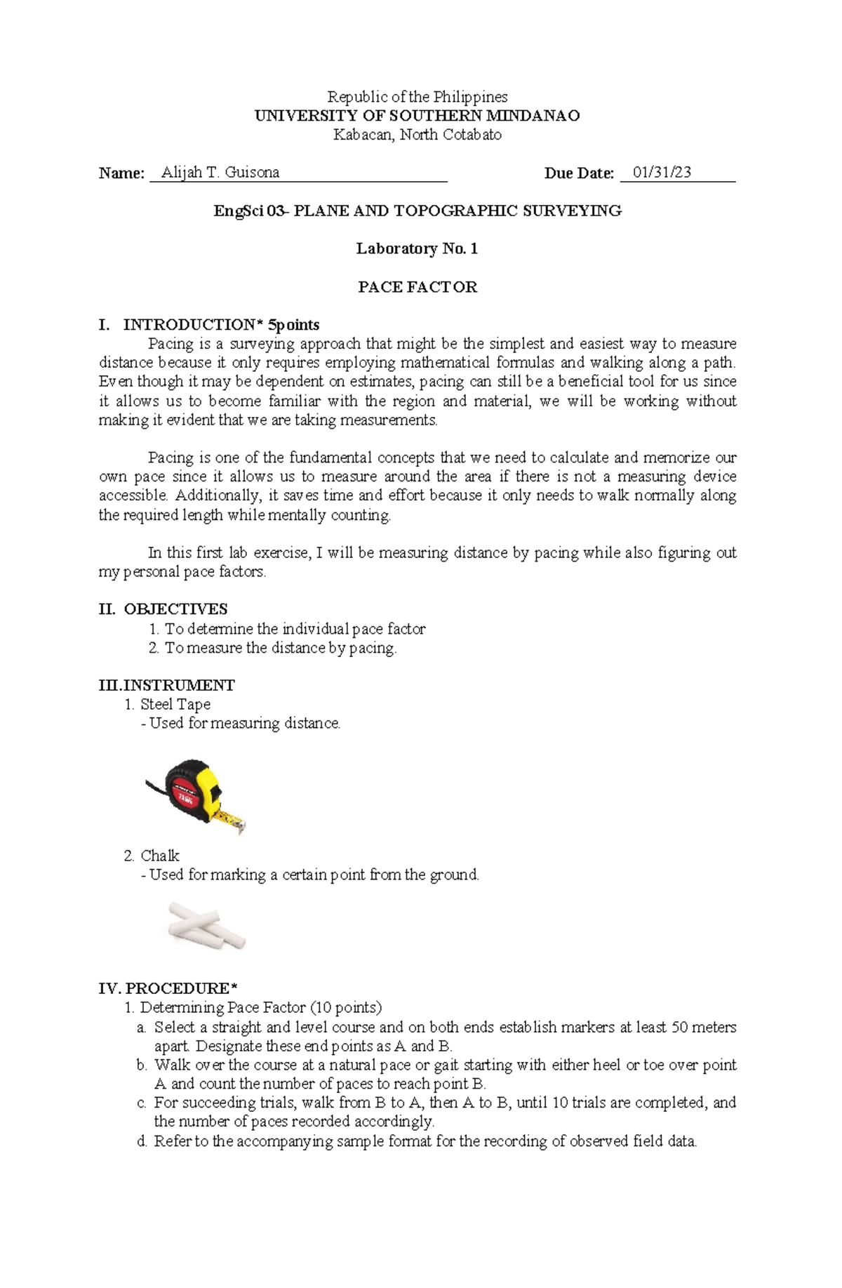 Lab 1-Pace Factor- Guisona - Alijah T. Guisona 01/31/ Republic of the ...