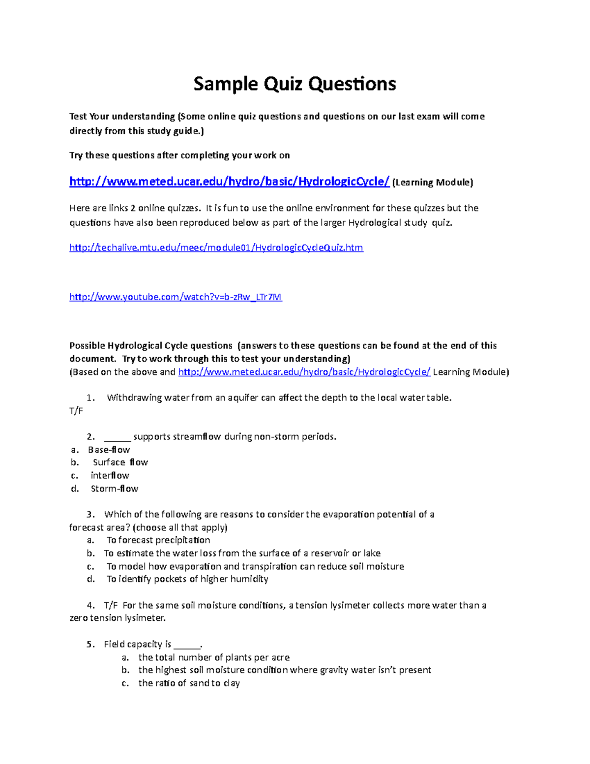 Water Quiz (CE9 - Hydrology) for BSCE students - Sample Quiz Questions ...