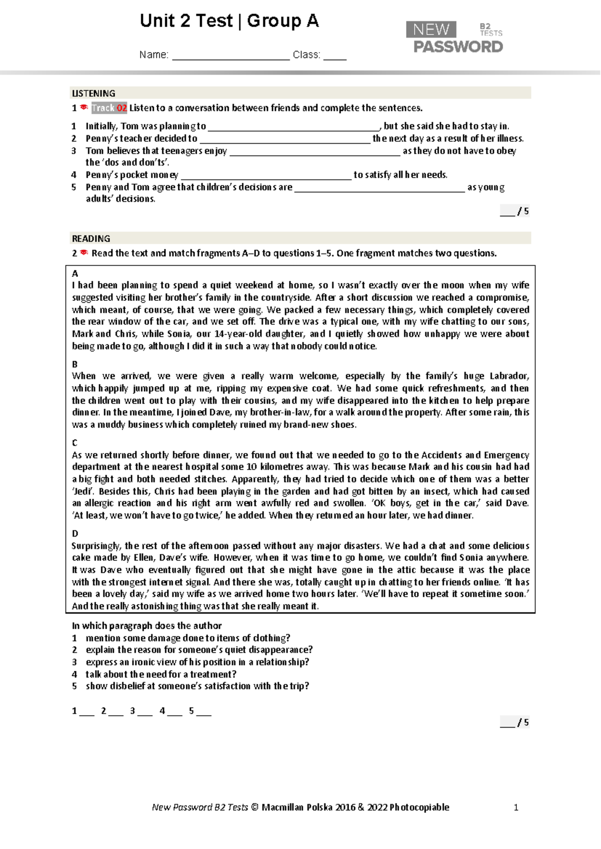 New Password B2 UT 2A - TESTY - Unit 2 Test | Group A Name ...