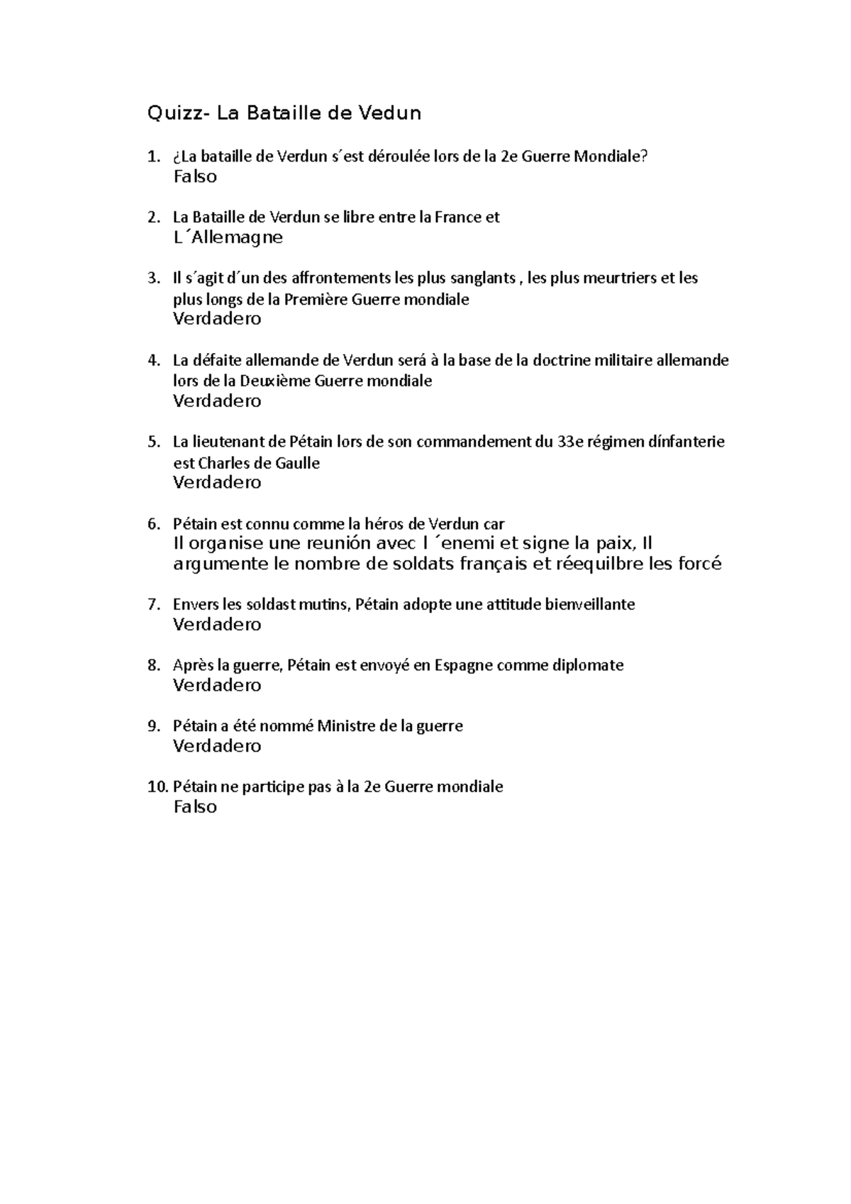 Quizz- La Bataille de Verdun - Quizz- La Bataille de Vedun ¿La bataille ...
