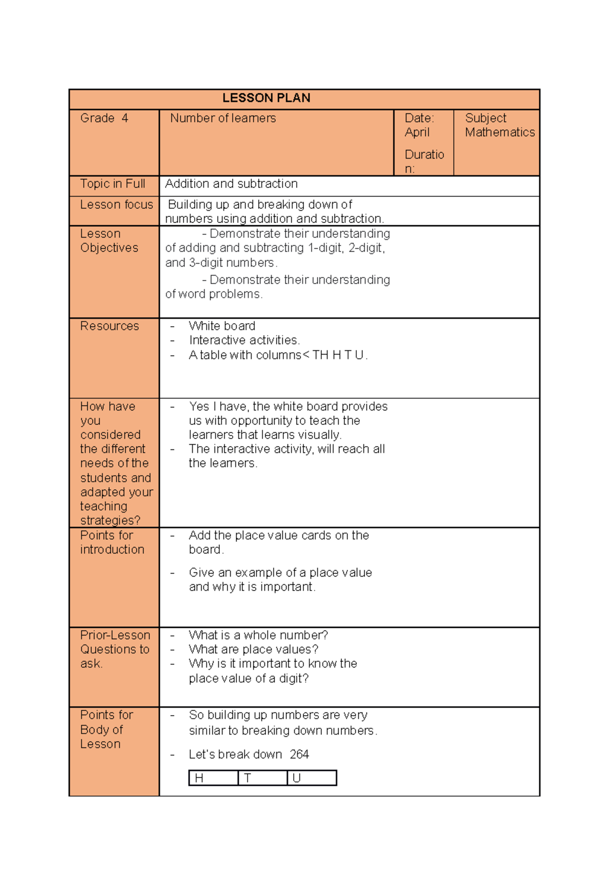 Maths lesson plan breaking down and building up 2023 - LESSON PLAN ...