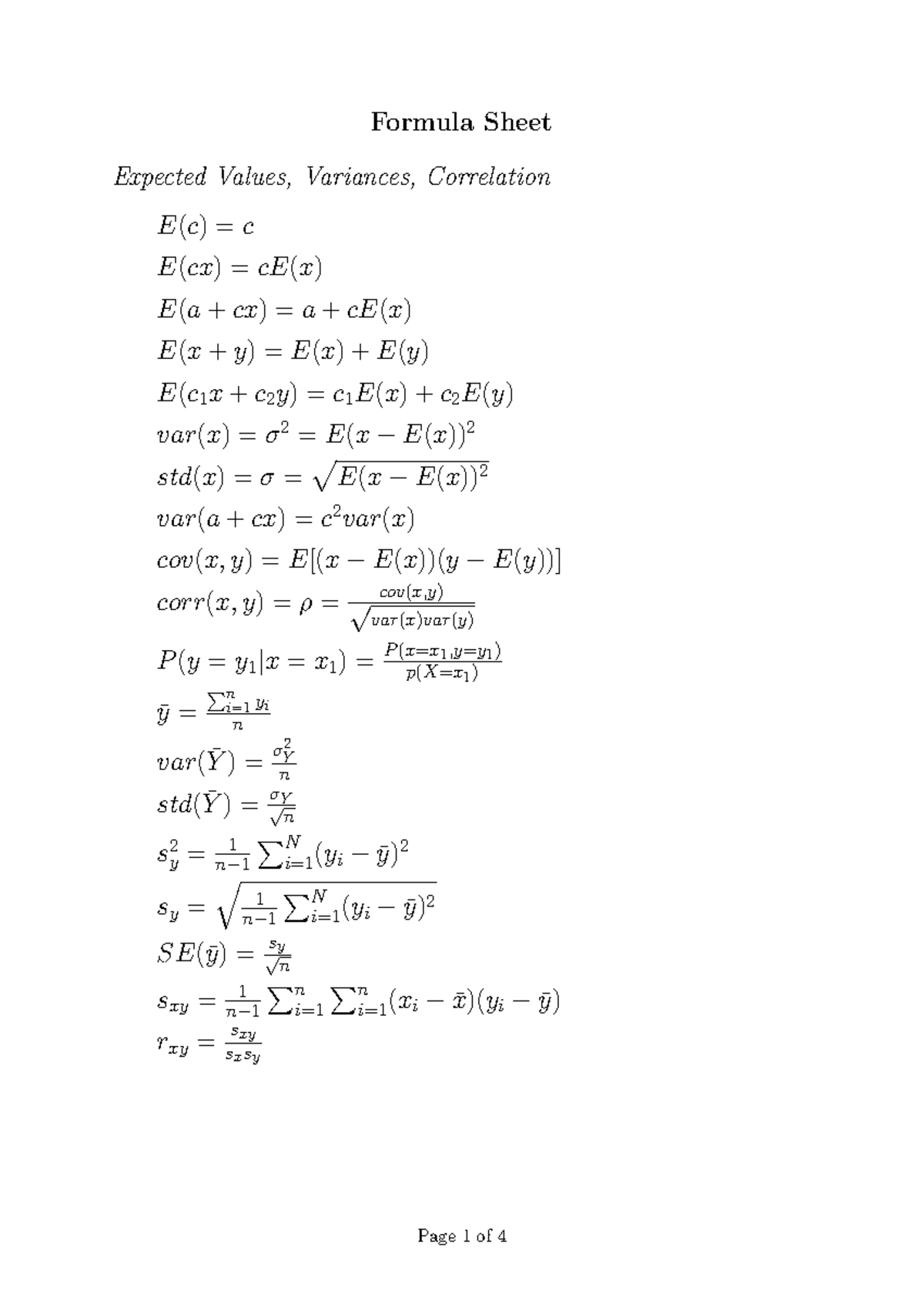 Formulas Formulas Formula Sheet Expected Values Variances Correlation Ec C Ecx Cex