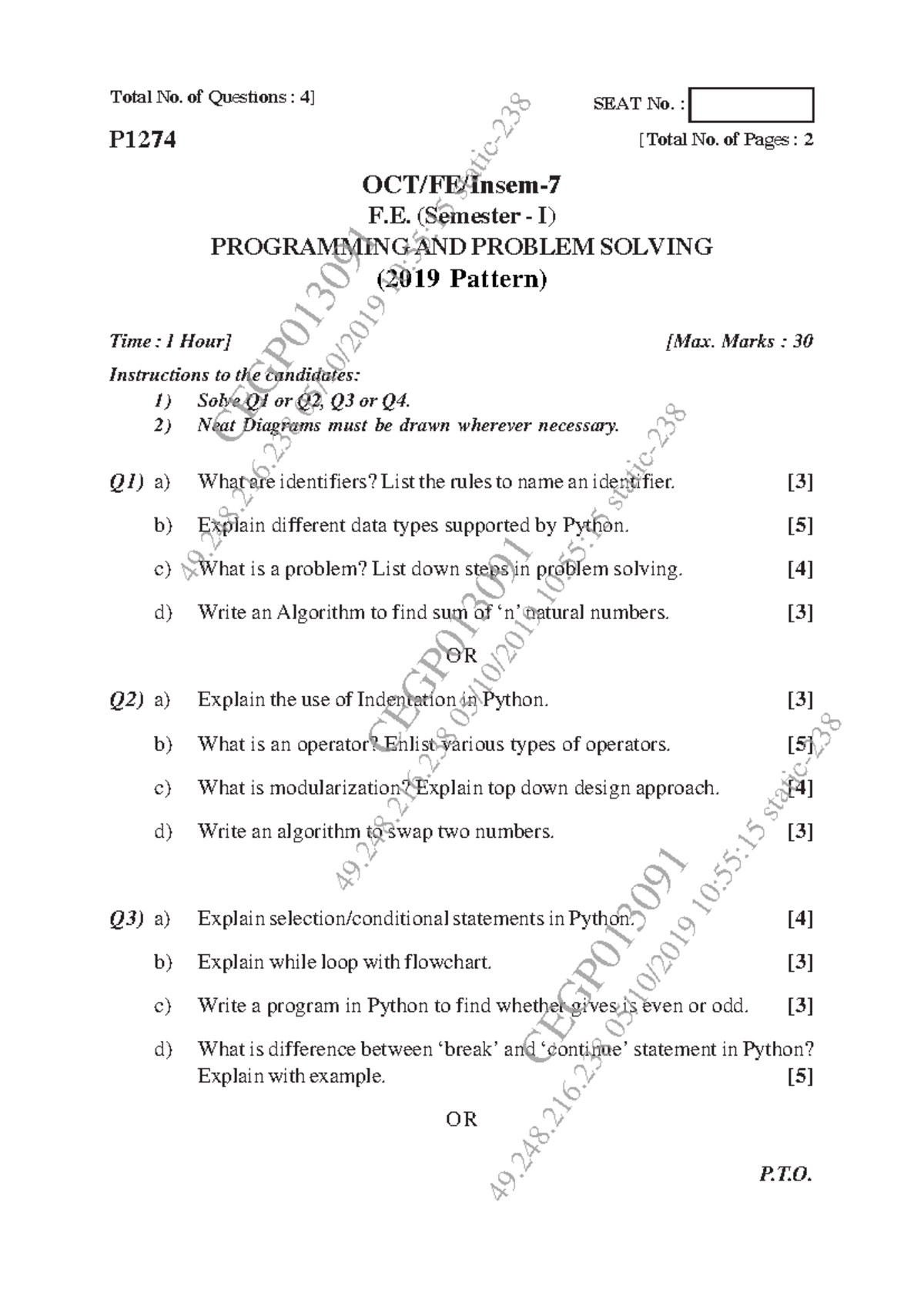 PPS IN SEM Qpaper - Programming and problem solving Insem question paper - Total No. of ...