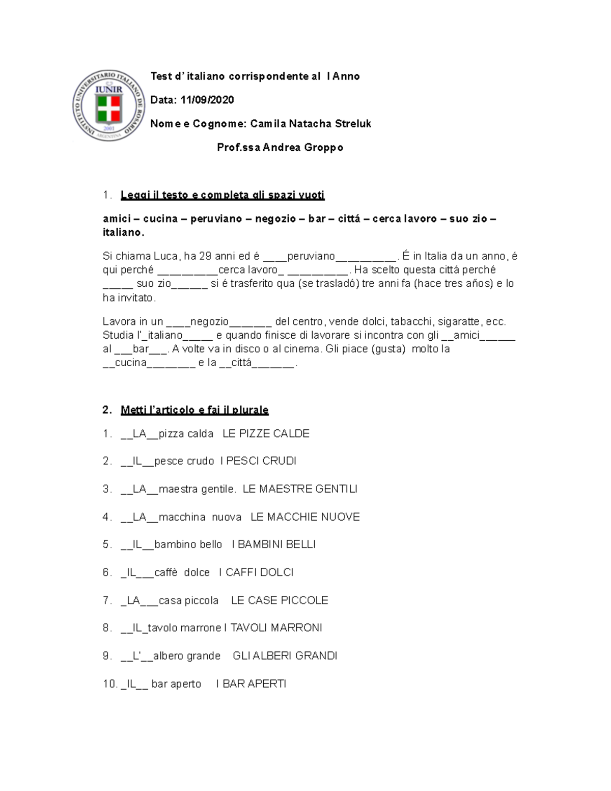 1 Test medicina 1 anno D - Test d’ italiano corrispondente al I Anno ...