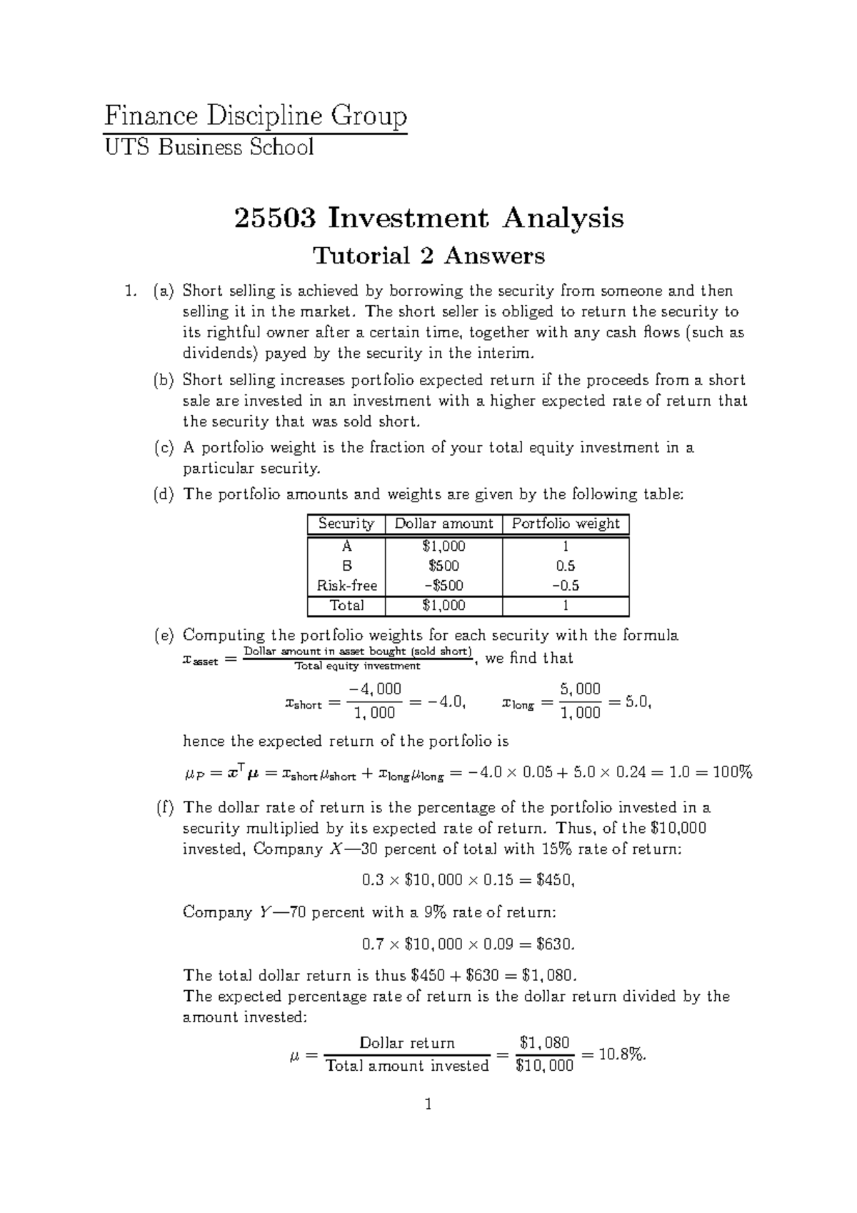 Tut02 ans - Tutorial answers - Finance Discipline Group UTS Business ...